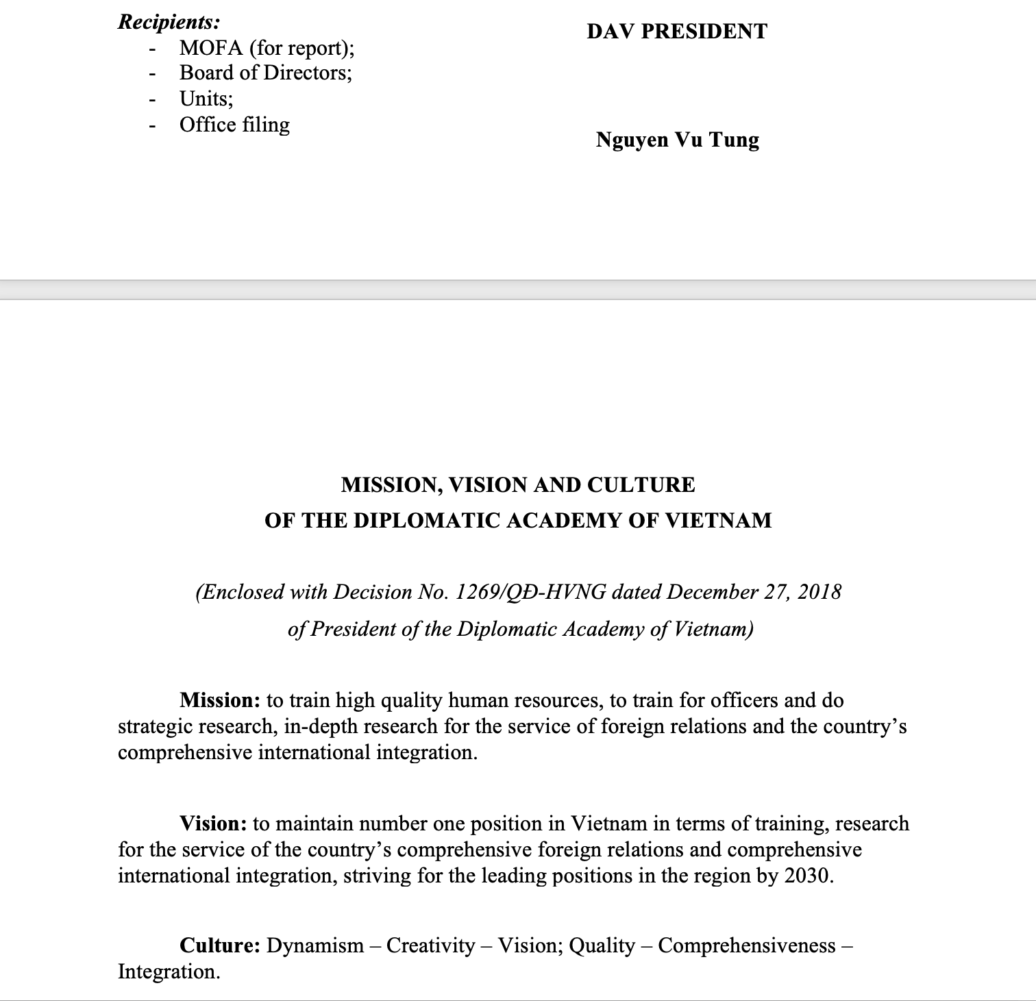 Decision on the Issuance of the Mission, Vision and Culture of the ...